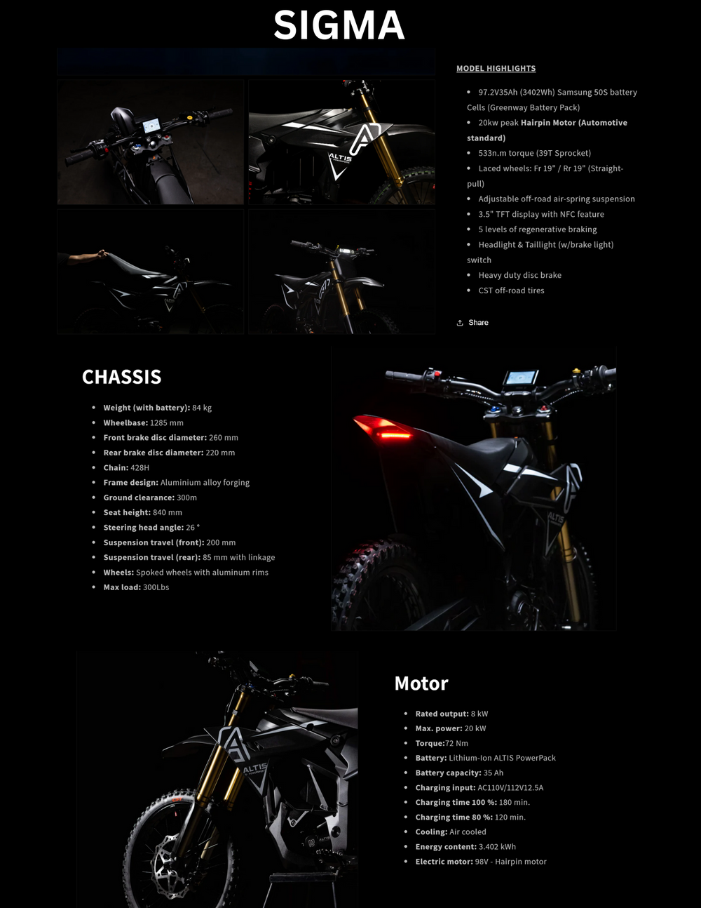 2025 Altis Sigma - 22kw Electric Dirt Bike